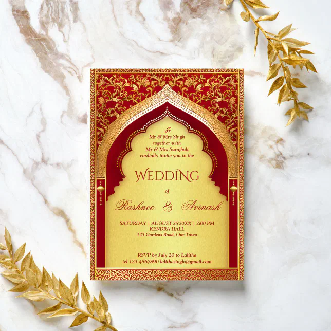 Indian wedding red and gold vintage arch invitation | Zazzle