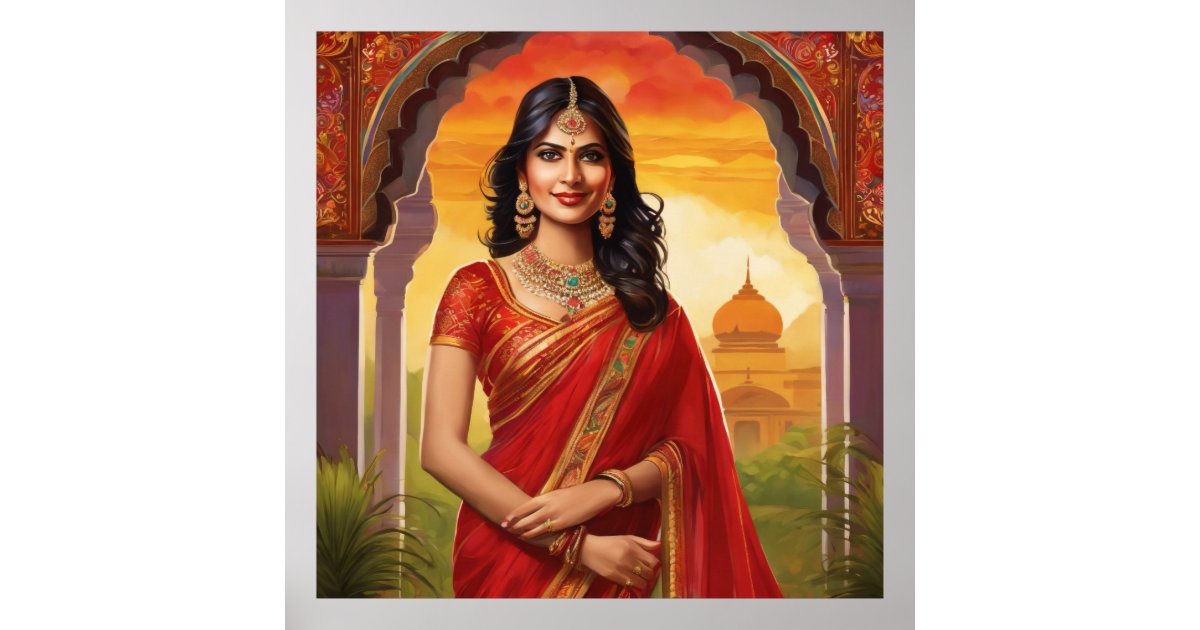 Indian Woman in Temple wearing a Traditional Saree Poster | Zazzle