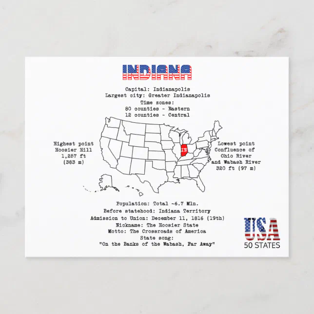 Indiana American state on a map and useful info Holiday Postcard | Zazzle