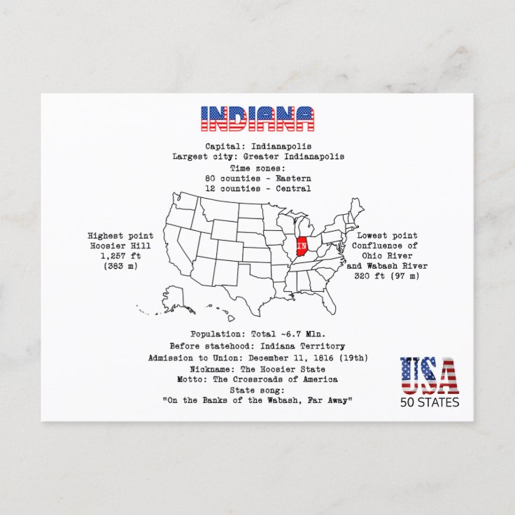 Indiana American state on a map and useful info Holiday Postcard | Zazzle