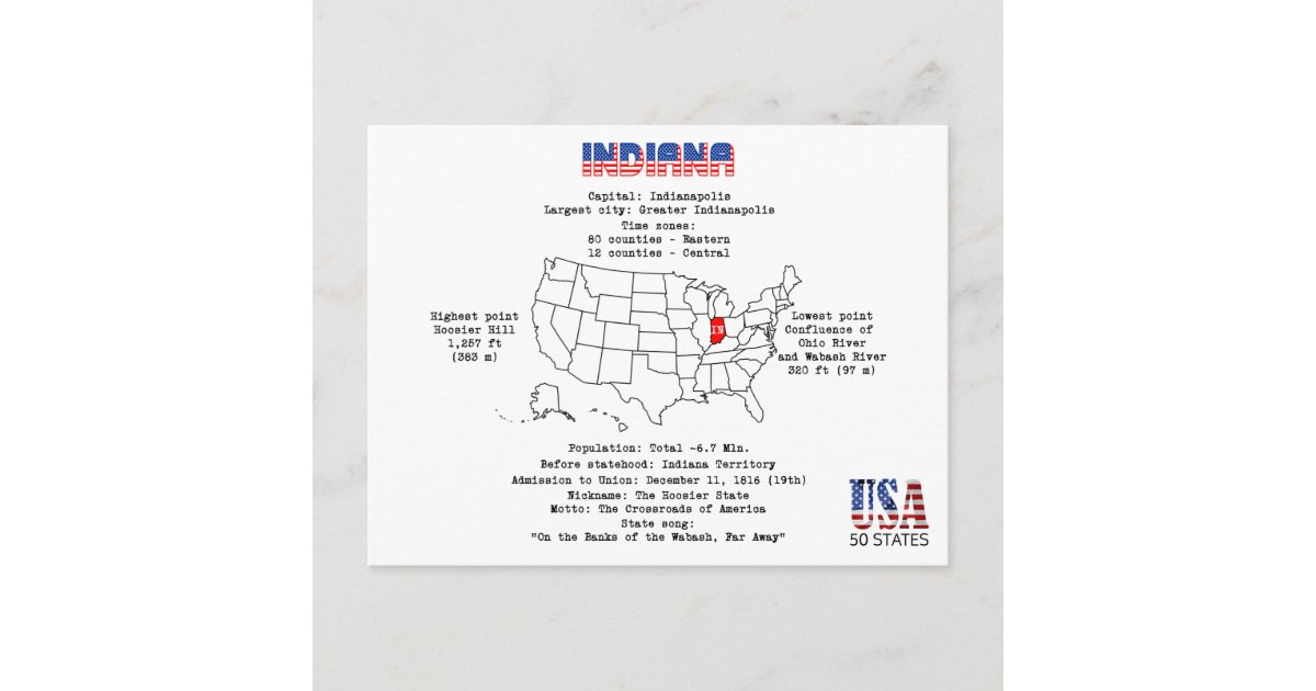 Indiana American state on a map and useful info Holiday Postcard | Zazzle