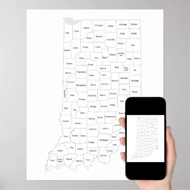 Indiana Counties map with state outline Poster | Zazzle