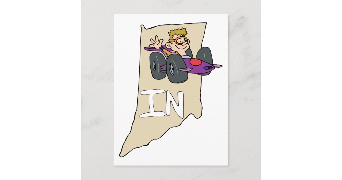 Indiana IN Map with funny Indy Race Car Cartoon Postcard | Zazzle