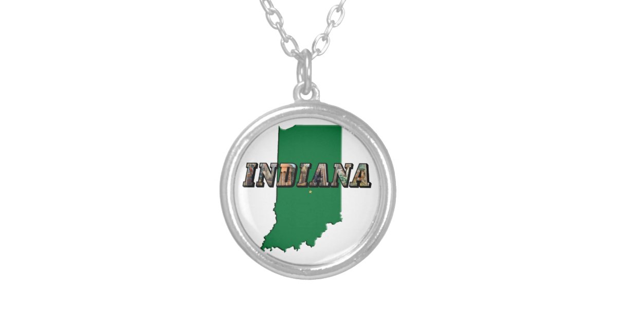 Indiana State Map Green Outline & Photo Text Silver Plated Necklace ...