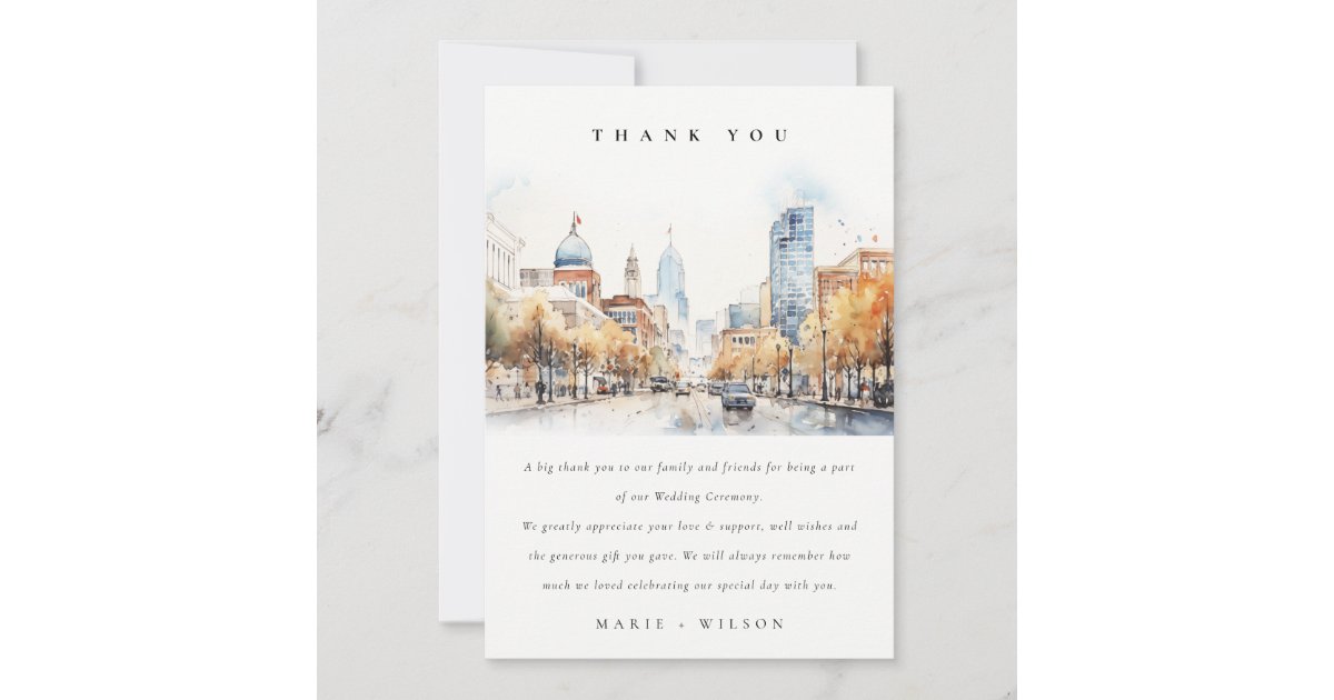 Indianapolis, Indiana Watercolor Landscape Wedding Thank You Card | Zazzle