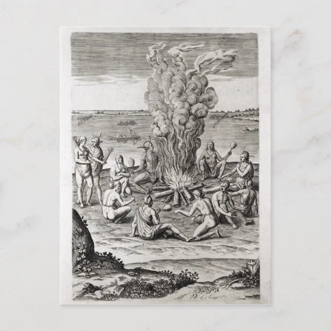 Indians praying around a fire, engraving postcard | Zazzle