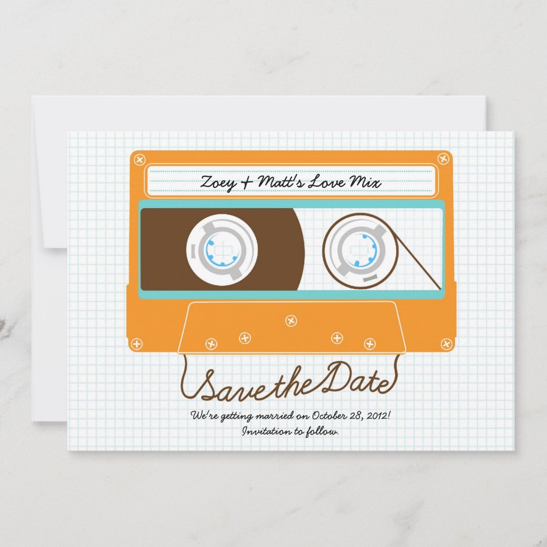 Indie Mixtape Wedding (Orange/Sky) Save the Date | Zazzle