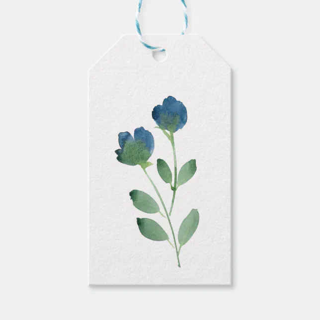 Indigo Blue and Green Watercolor Flowers Gift Tags | Zazzle