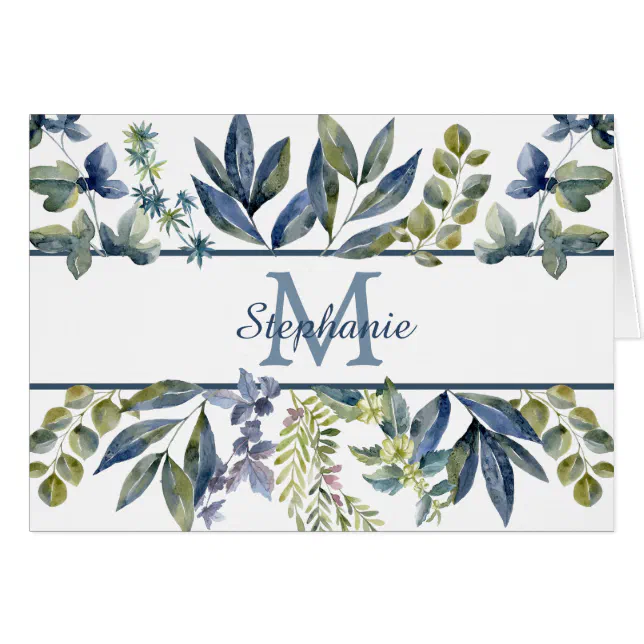 Indigo Blue Leaves Border Monogram Note Card | Zazzle