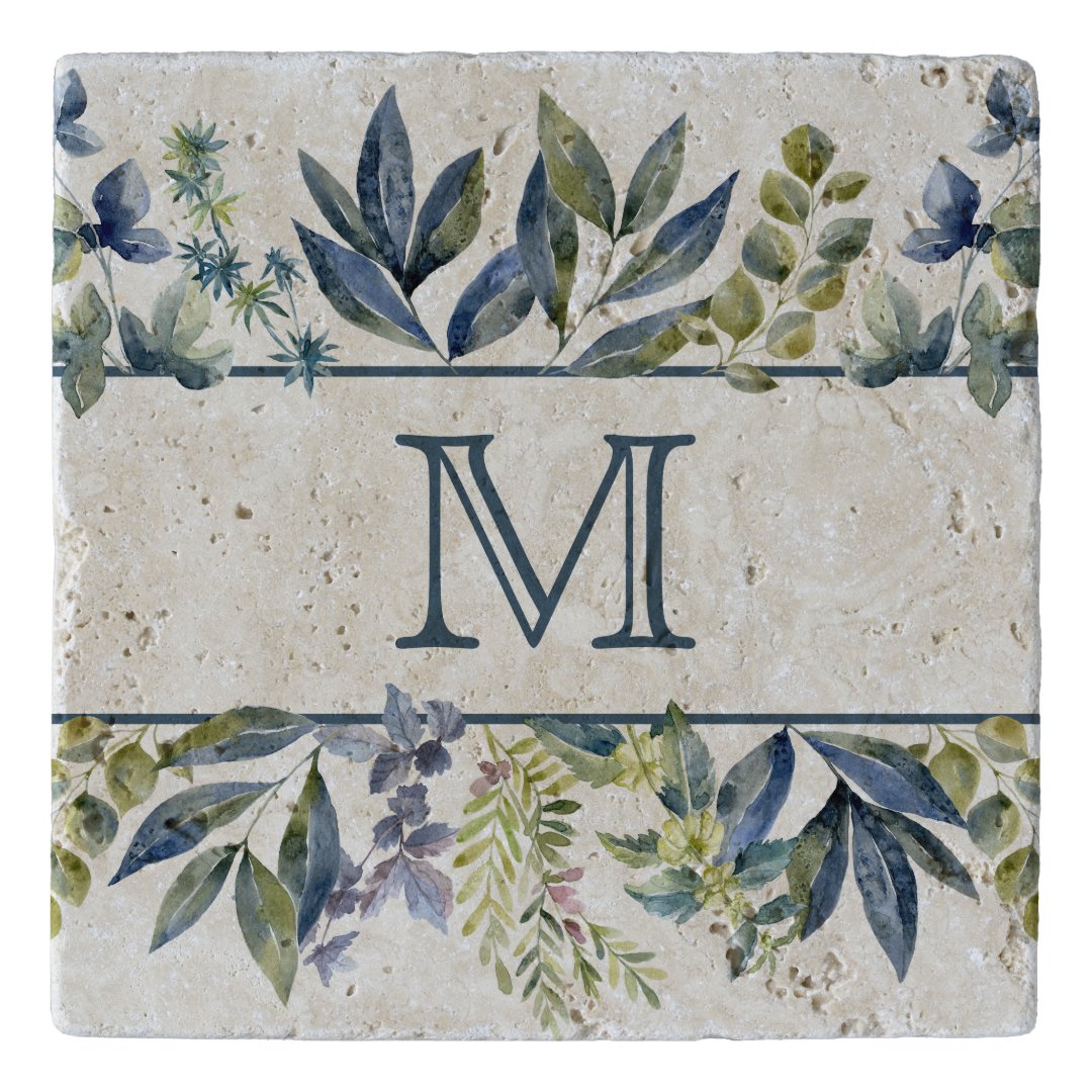 Indigo Blue Leaves Border Monogram Trivet | Zazzle