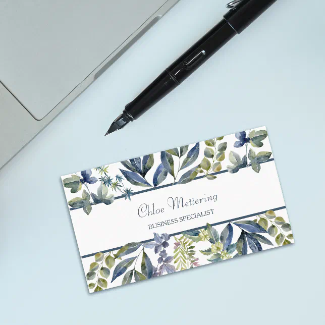 Indigo Blue Leaves Border Professional Business Card | Zazzle