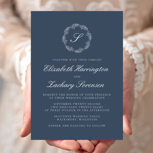 Indigo Blue Monogram Wreath White Script Wedding Invitation | Zazzle