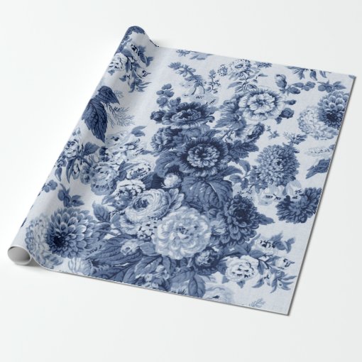 Indigo Blue & White Vintage Floral Toile No. 3 Wrapping Paper | Zazzle