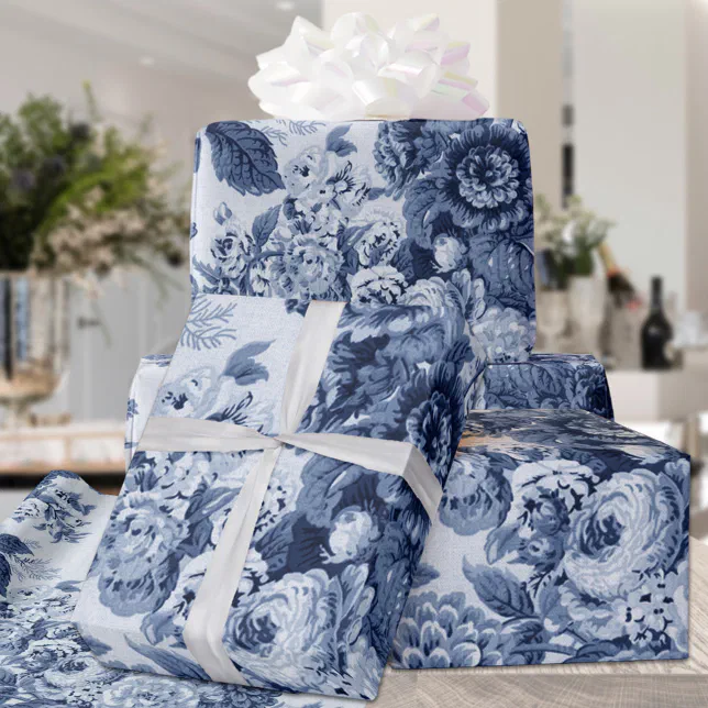 Indigo Blue & White Vintage Floral Toile No. 3 Wrapping Paper | Zazzle