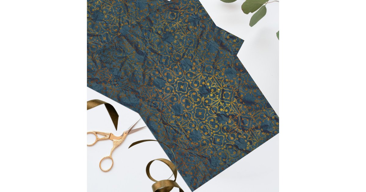 Indigo Gold Classic Elegant Damask Pattern Tissue Paper | Zazzle