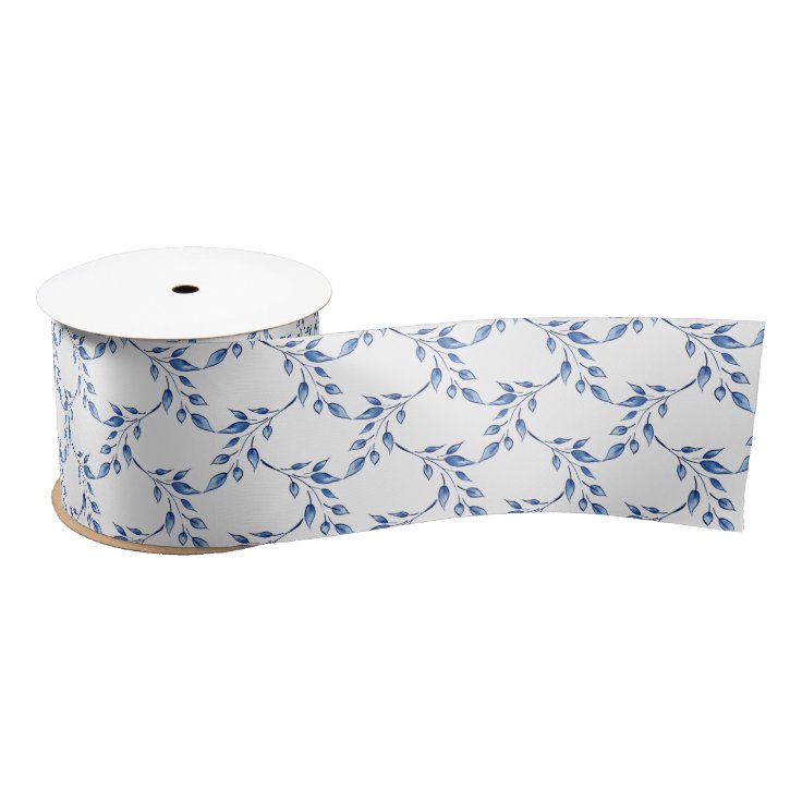 Indigo Leaf Lattice Satin Ribbon | Zazzle