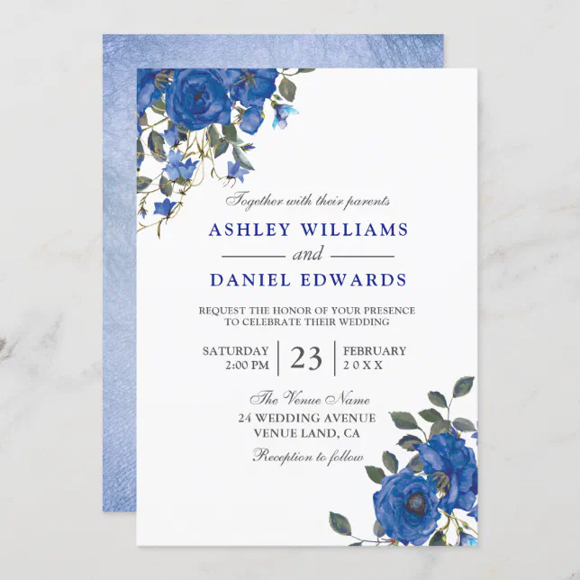 Indigo Navy Midnight Blue Floral Wedding Invitation | Zazzle
