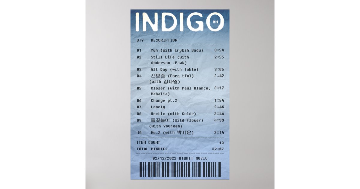 INDIGO/RM - Album receipt Poster | Zazzle