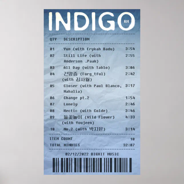 INDIGO/RM - Album receipt Poster | Zazzle