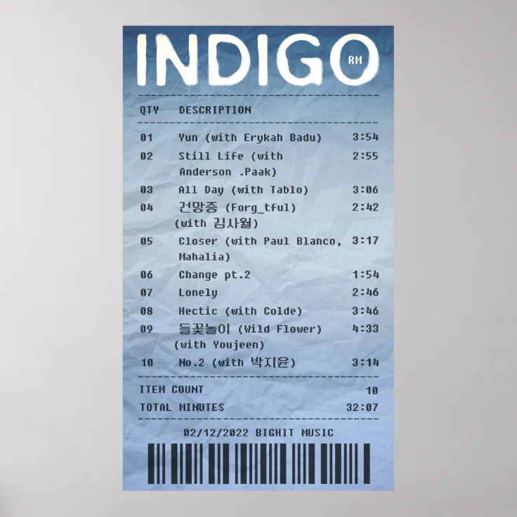 INDIGO/RM - Album receipt Poster | Zazzle