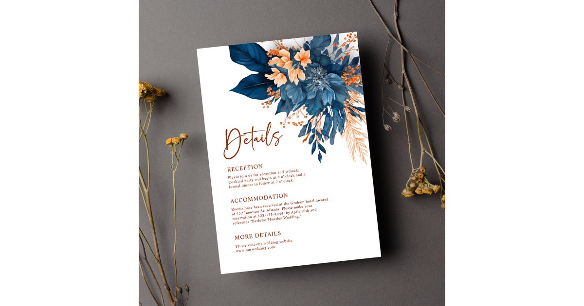 Indigo Rust Floral Wedding Details Enclosure Card | Zazzle