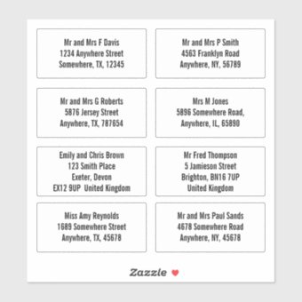Individual Name and Address Sheet for Recipients Sticker | Zazzle