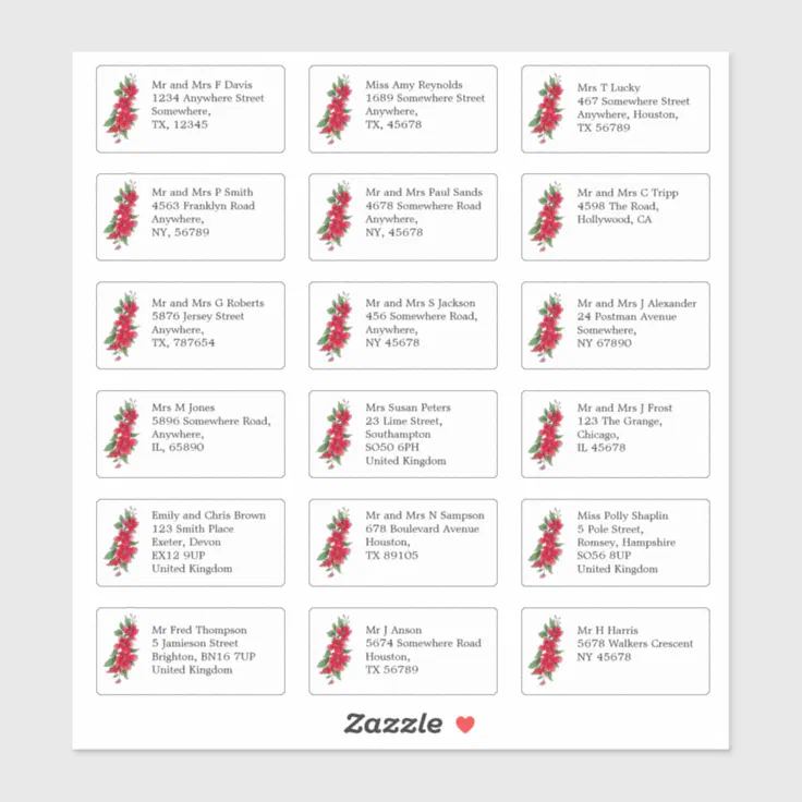 Individual Wedding Guest Name Address Red Roses Sticker | Zazzle