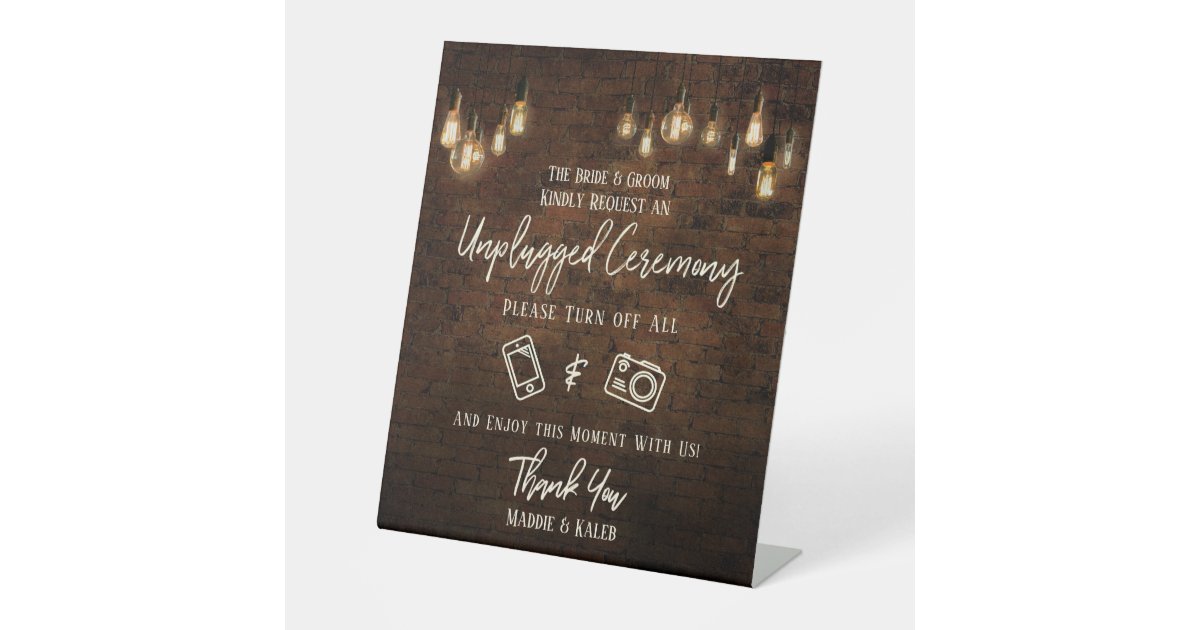 Industrial Brick Edison Lights Unplugged Ceremony Pedestal Sign | Zazzle
