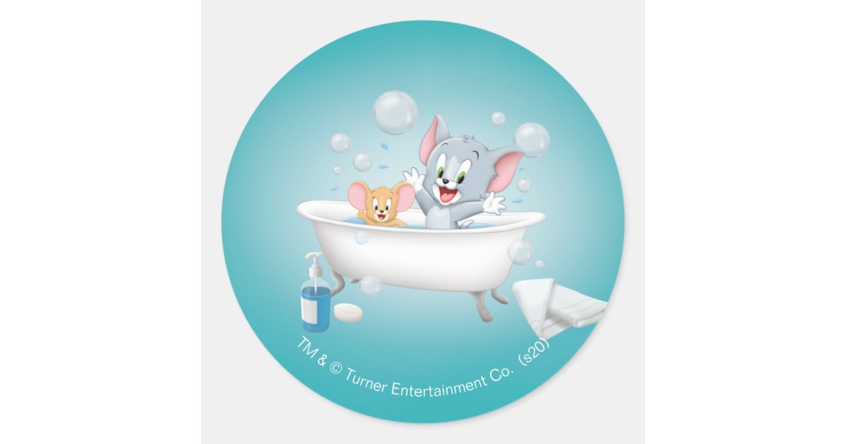 Infant Tom and Jerry Taking a Bath Classic Round Sticker | Zazzle