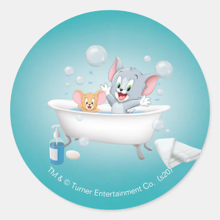 Infant Tom and Jerry Taking a Bath Classic Round Sticker | Zazzle