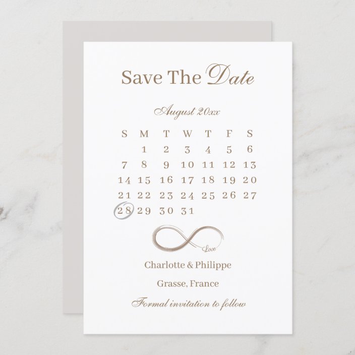 Infinity Gold White Calendar Save The Date Wedding Invitation | Zazzle