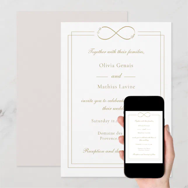 Infinity Love Monogram Gold Borders White Wedding Invitation | Zazzle