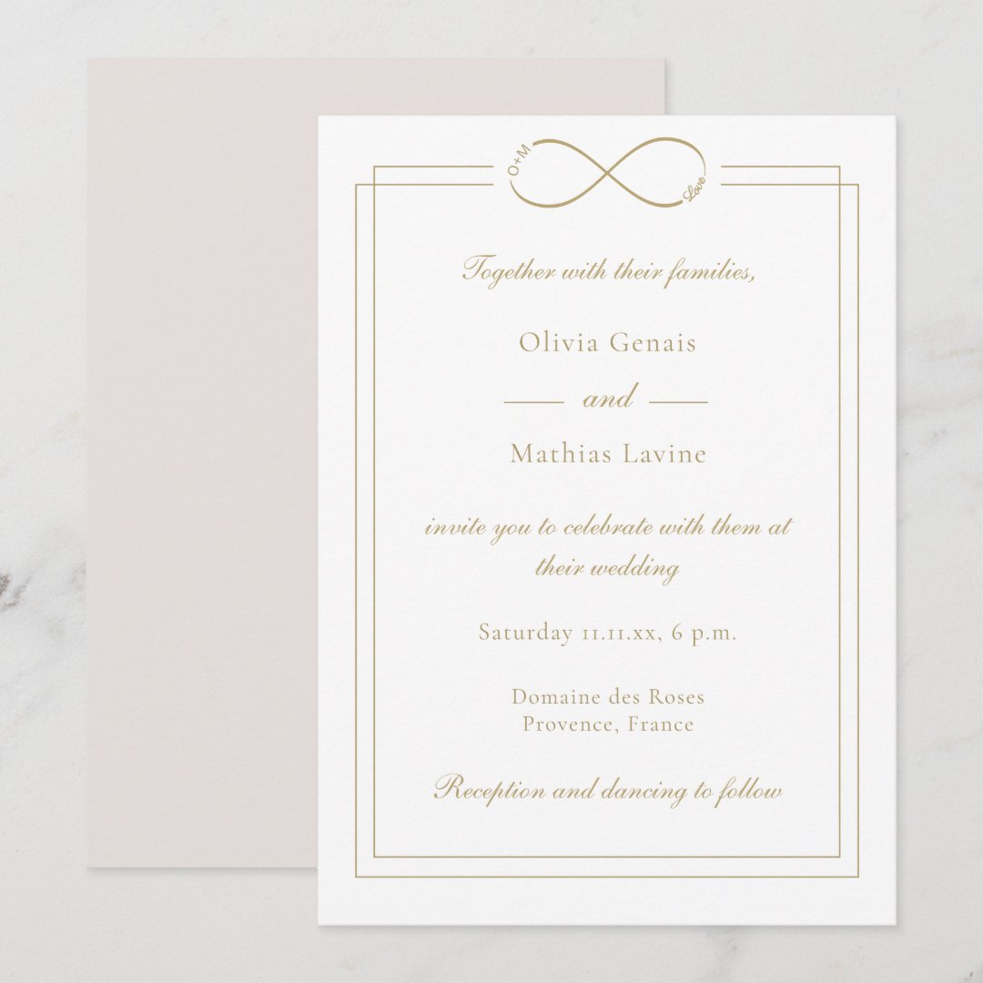 Infinity Love Monogram Gold Borders White Wedding Invitation | Zazzle