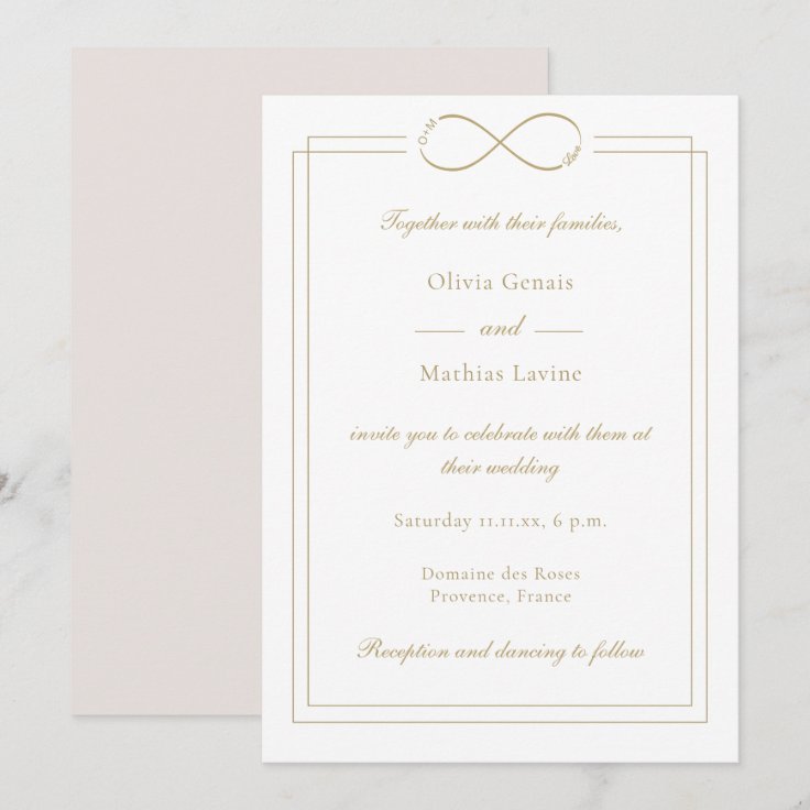 Infinity Love Monogram Gold Borders White Wedding Invitation | Zazzle