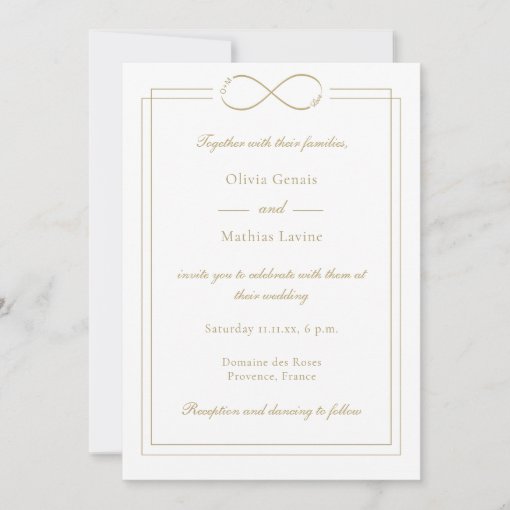 Infinity Love Monogram Gold Borders White Wedding Invitation | Zazzle