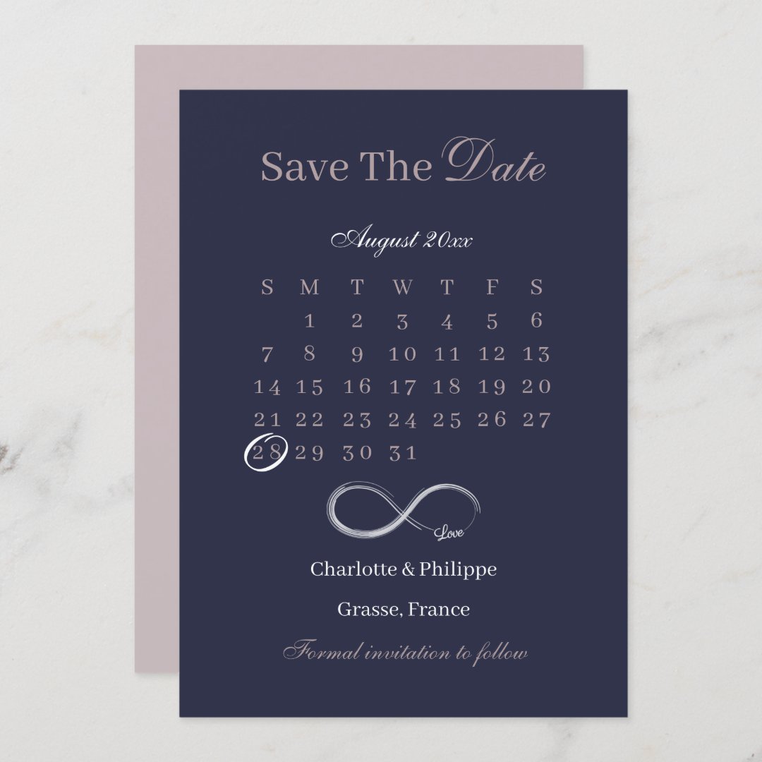 Infinity Navy Blush Calendar Save The Date Wedding Invitation | Zazzle