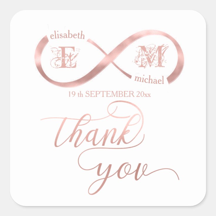 Infinity rose gold romantic monogram calligraphy square sticker | Zazzle