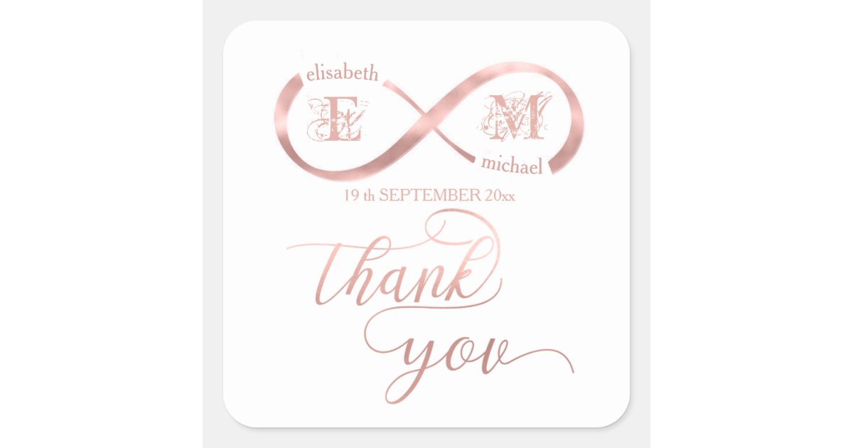 Infinity rose gold romantic monogram calligraphy square sticker | Zazzle