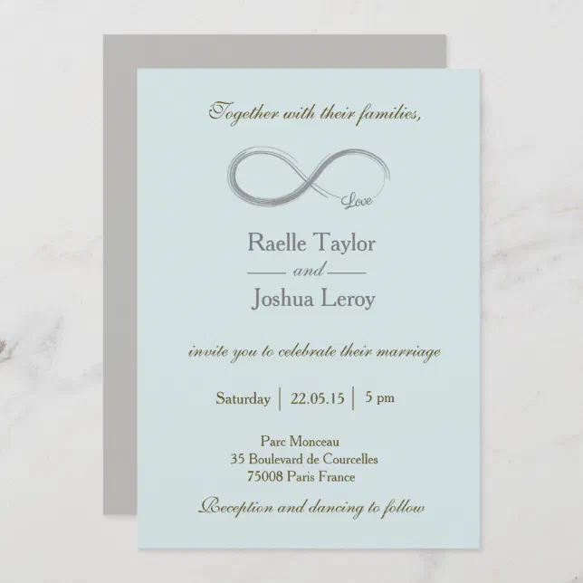 Infinity sign baby blue gray wedding invitation | Zazzle