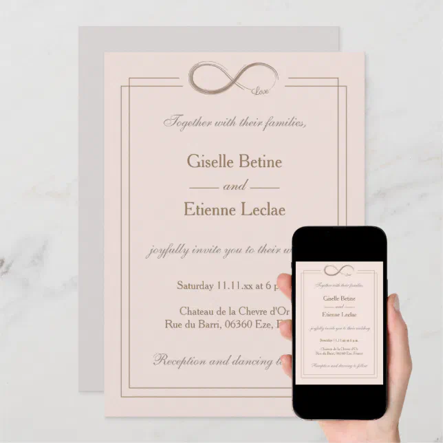 Infinity Sign Elegant Blush Pink Gray Gold Wedding Invitation | Zazzle
