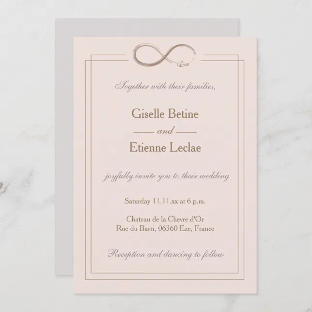 Infinity Sign Elegant Blush Pink Gray Gold Wedding Invitation | Zazzle