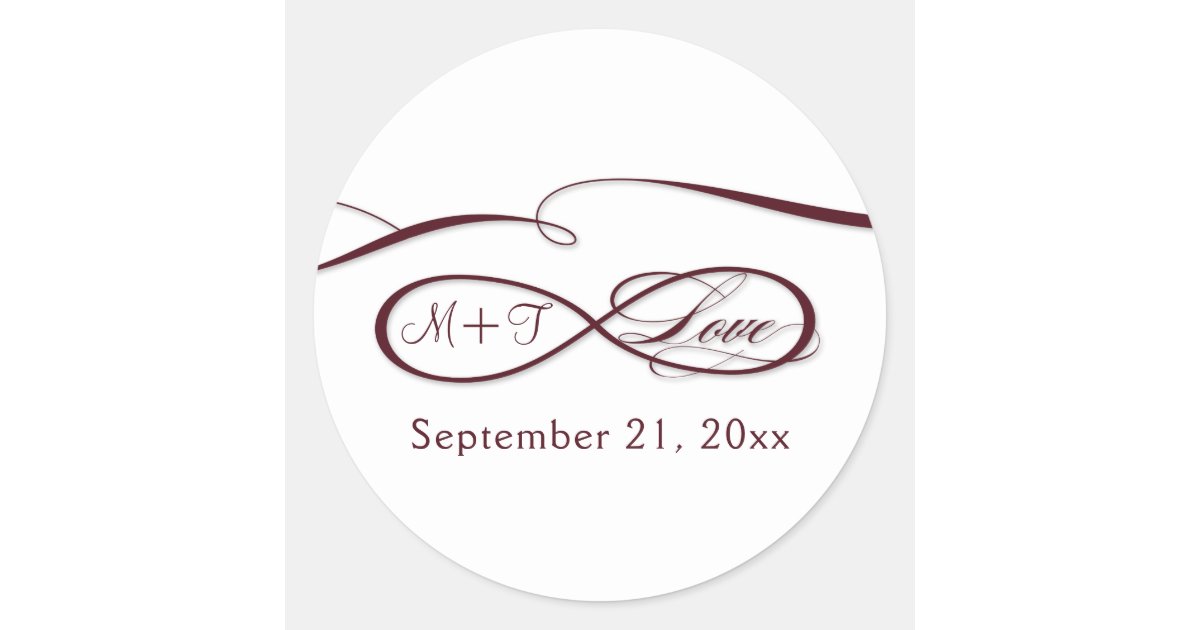 Infinity Sign Love Script Burgundy White Wedding Classic Round Sticker ...