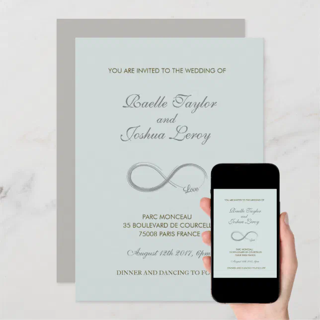 Infinity sign pale blue gray minimalist Wedding Invitation | Zazzle