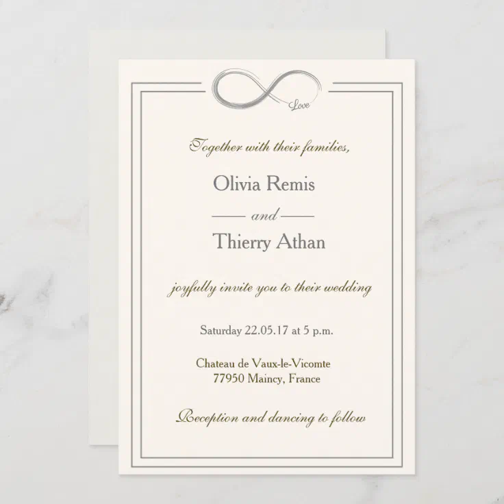 Infinity sign unique ivory white gold gray wedding invitation | Zazzle