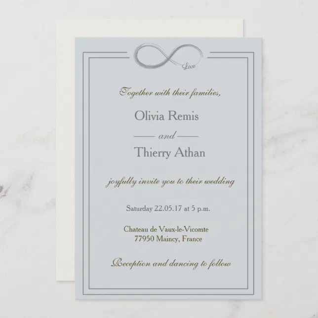 Infinity sign unique light blue gold gray wedding invitation | Zazzle