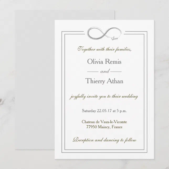 Infinity sign unique pure white gold gray wedding invitation | Zazzle