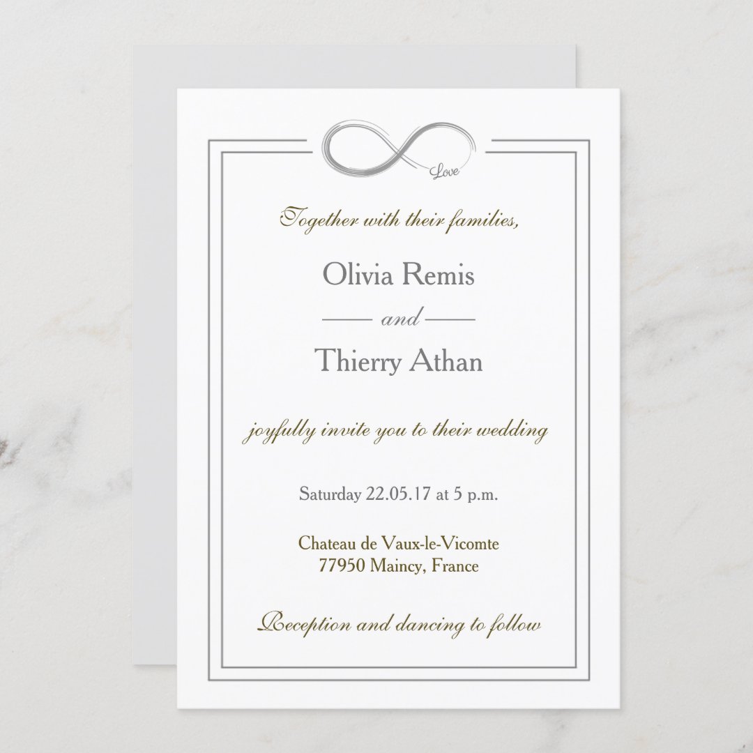 Infinity sign unique pure white gold gray wedding invitation | Zazzle