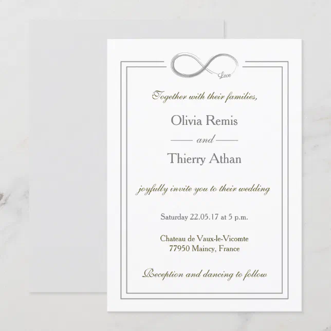 Infinity sign unique pure white gold gray wedding invitation | Zazzle