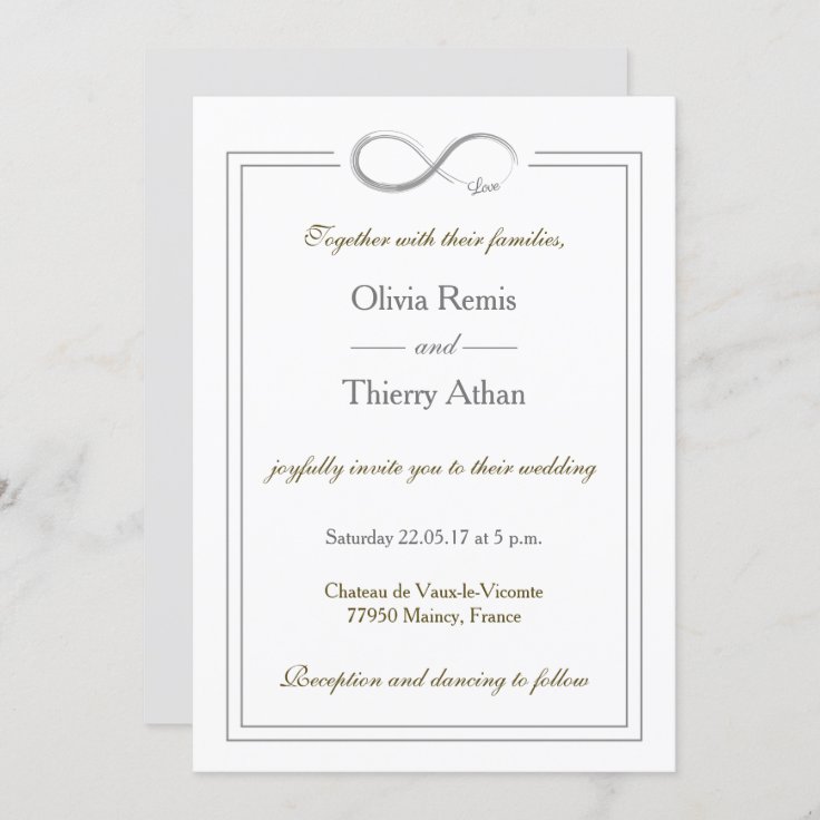 Infinity sign unique pure white gold gray wedding invitation | Zazzle