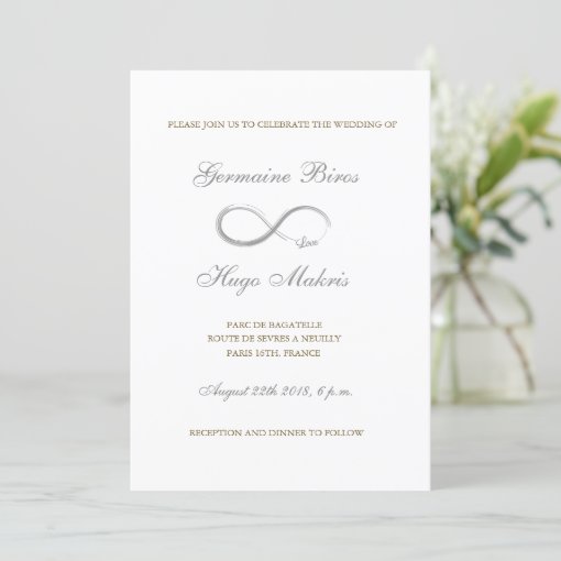 Infinity sign white gray gold elegant wedding invitation | Zazzle